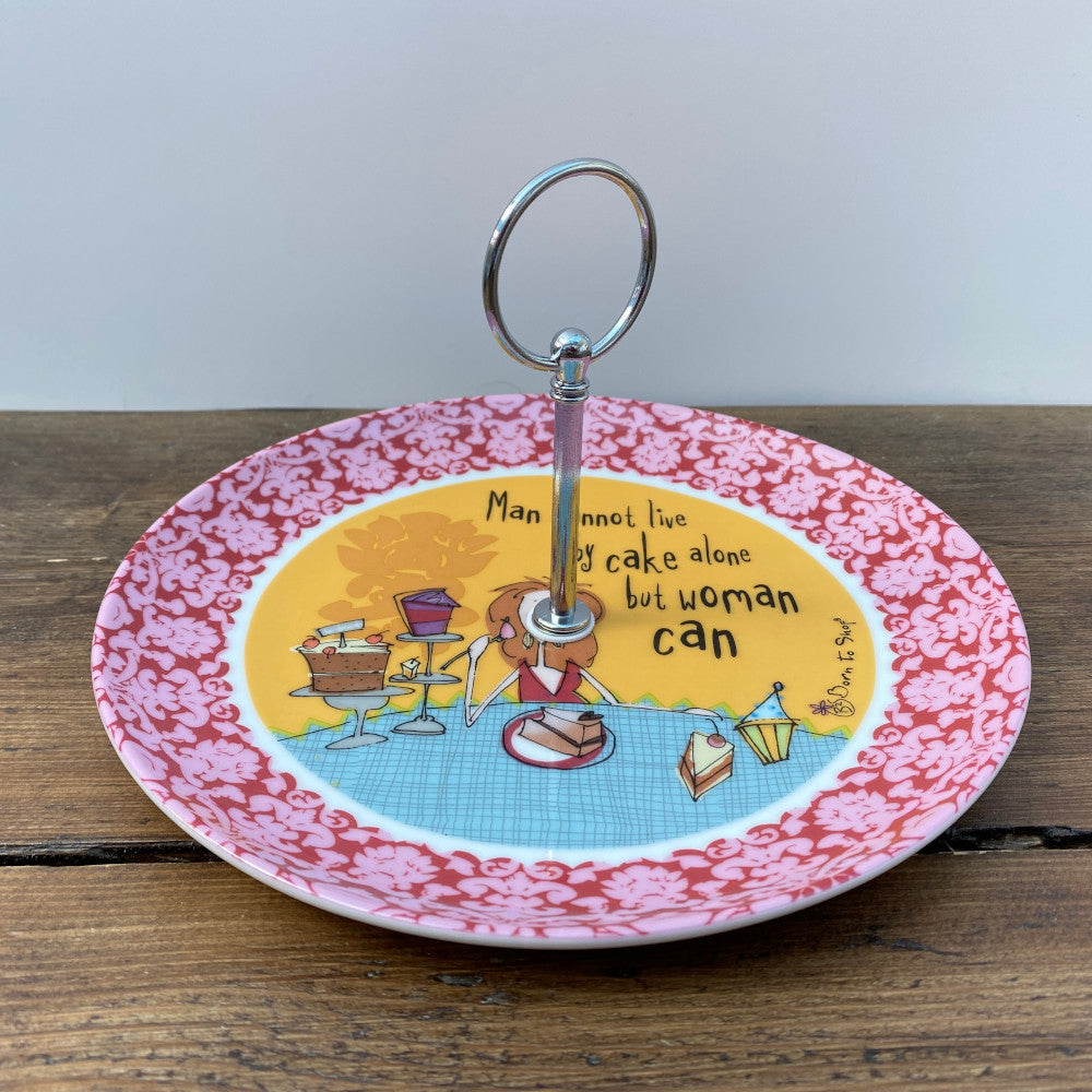 Johnson Brothers "Born To Shop" Cake Stand (Man cannot live by cake al ...